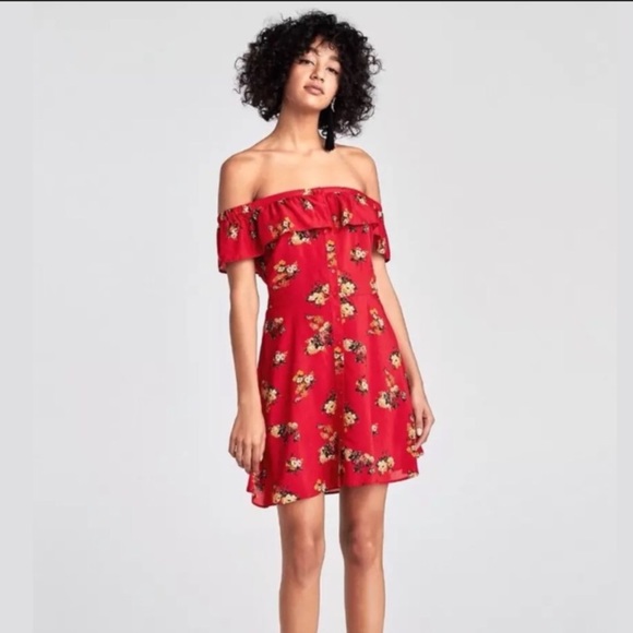 Zara | Dresses | Zara Red Floral Ruffle Off Shoulder Dress | Poshmark